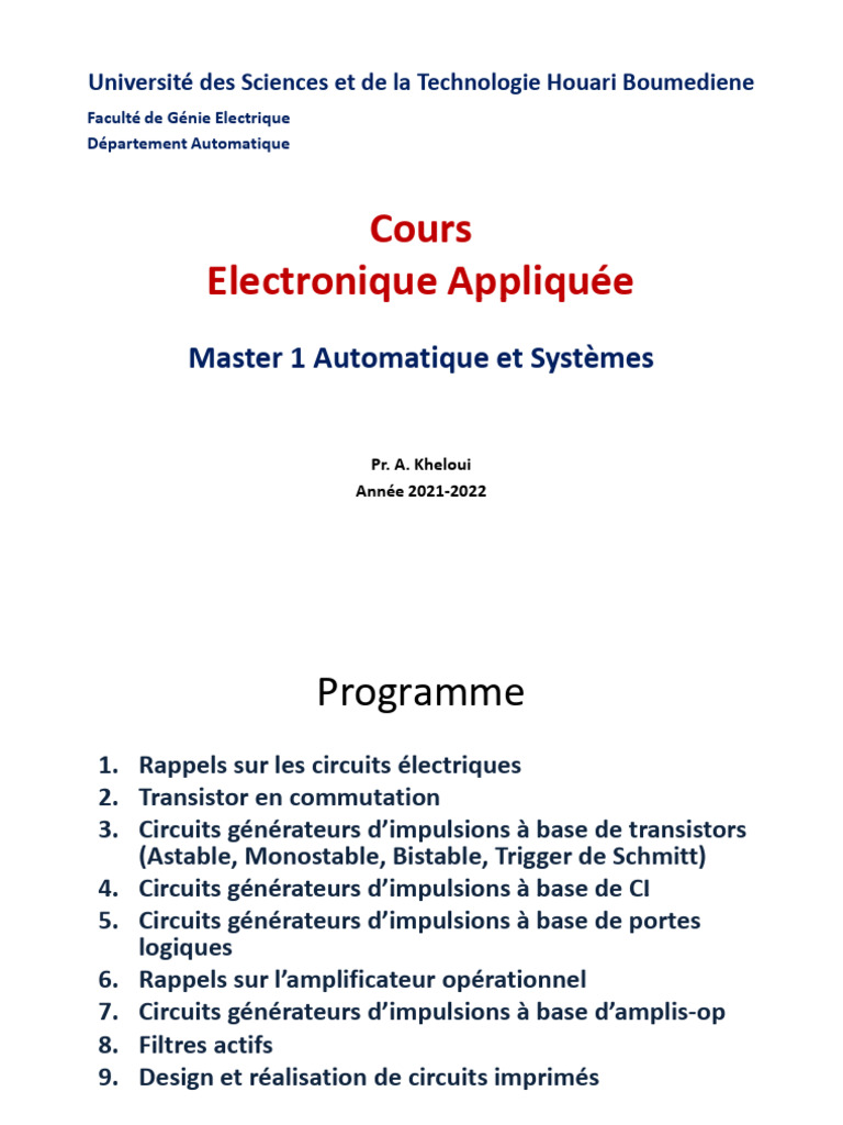 Cours Electronique Appliquée - Kheloui 1 1 | PDF | Transistor bipolaire | Réseau électrique