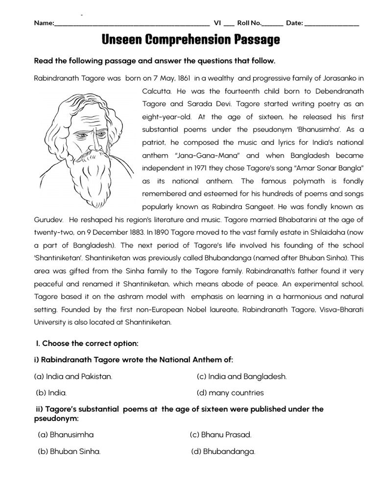 Unseen Comprehension Passage 1: Class Vi | PDF | Rabindranath Tagore ...