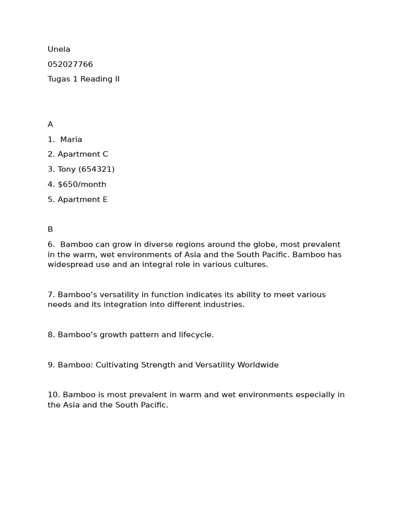 Tugas 1 Reading II Unela 052027766 | PDF