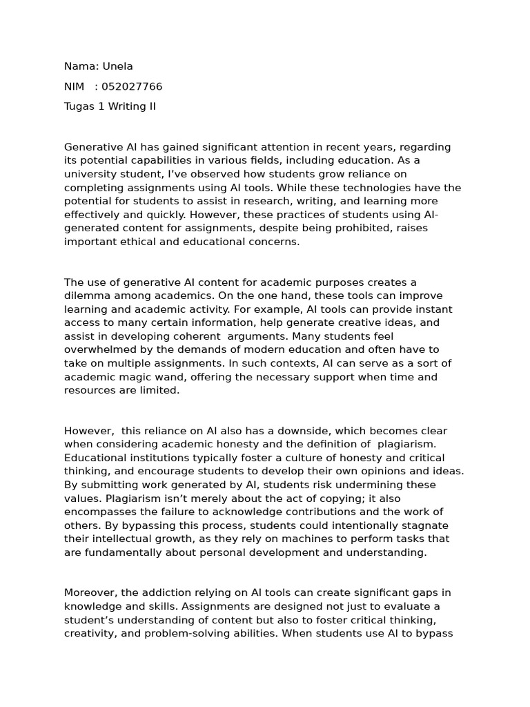 Tugas 1 Writing II Unela 052027766 | PDF | Artificial Intelligence | Intelligence (AI) & Semantics