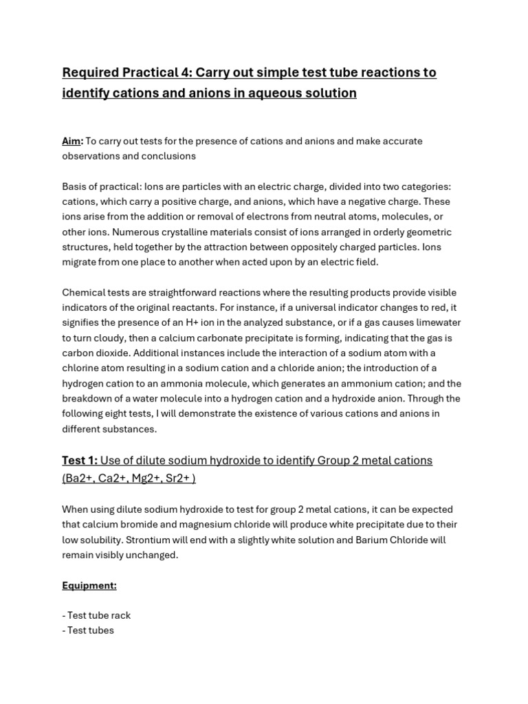 Required Practical 4 Carry Out Simple Test Tube Reactions To | PDF ...