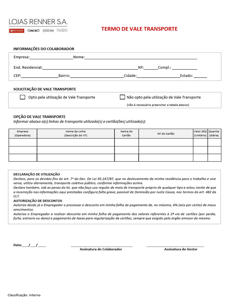 Termo de Solicitação de Vale Transporte | PDF