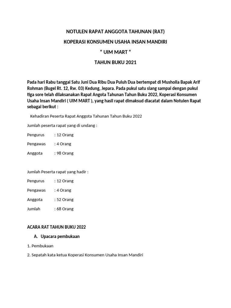 Notulen Rapat Anggota Tahunan | PDF | Bisnis | Pengelolaan Keuangan & Uang