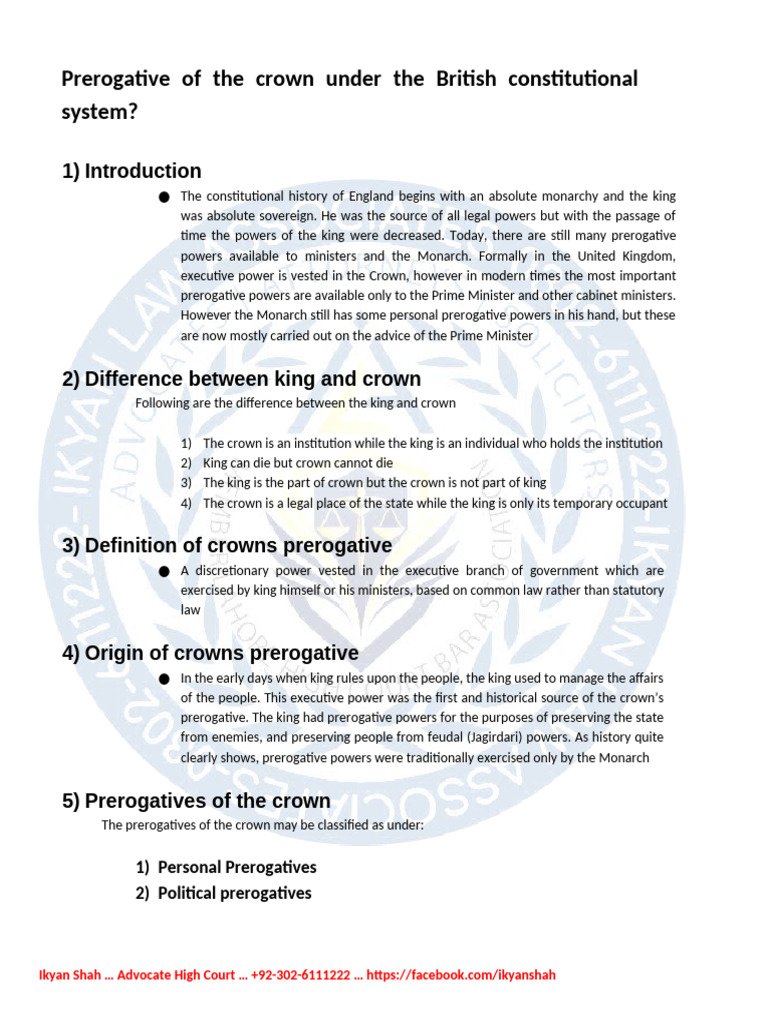 Prerogative of Crown | PDF | Monarch | Royal Assent