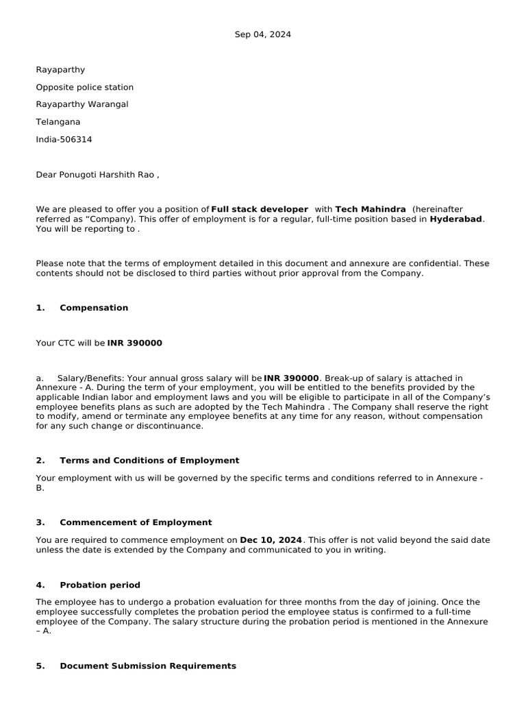 Offer - Letter - Ponugoti Harshith Rao | PDF | Employment | Business
