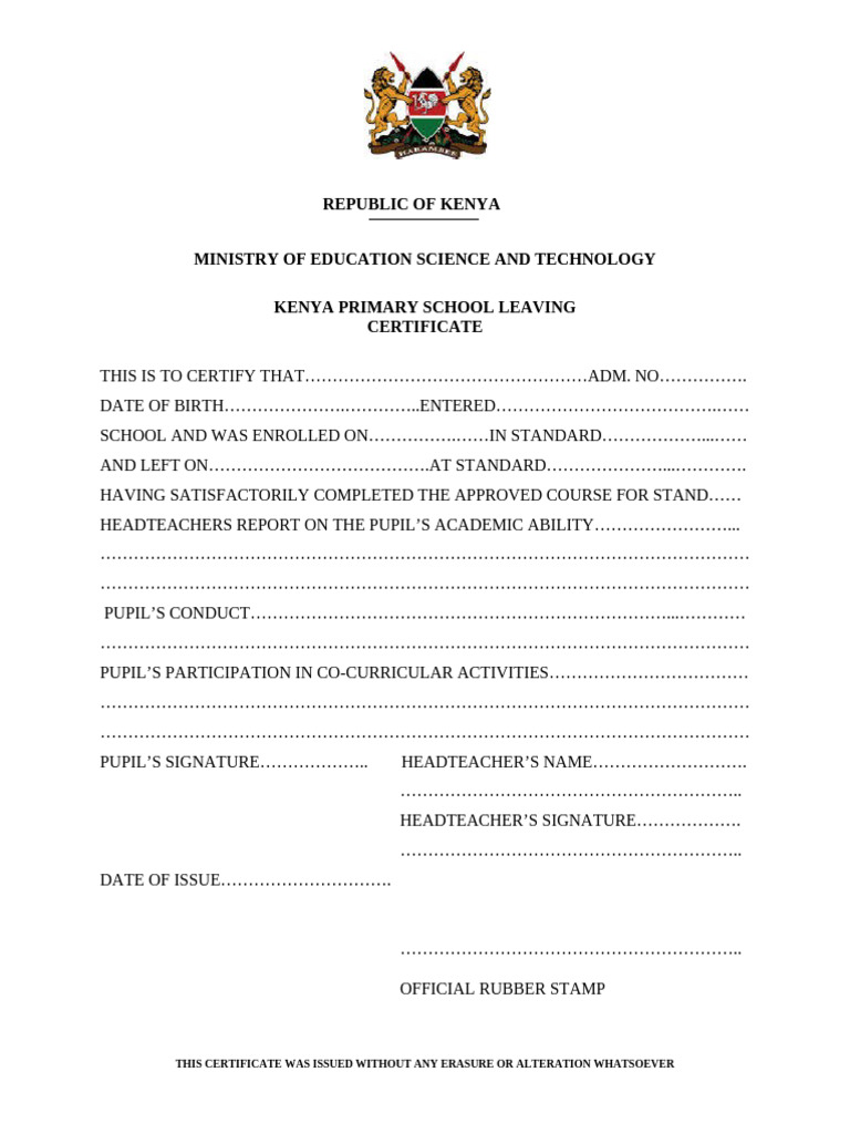 Kenya Primary School Leaving Certificate | PDF | Home & Garden