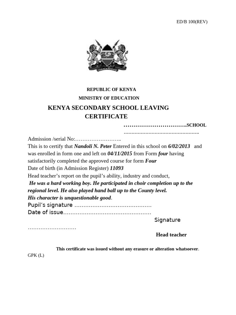 Kenya Secondary School Leaving Certificate | PDF