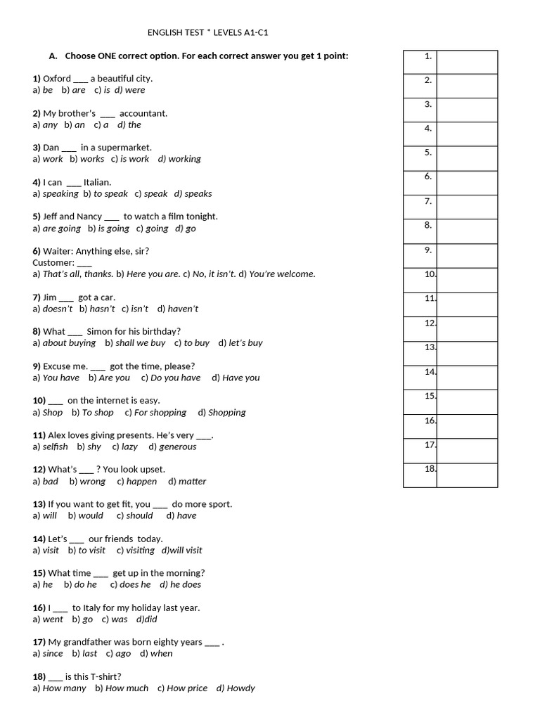 English Test: Levels A1-C1 Questions | PDF