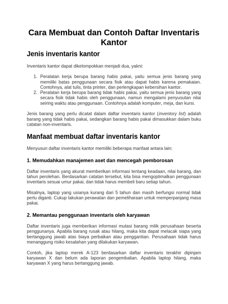 Cara Membuat Dan Contoh Daftar Inventaris Kantor | PDF