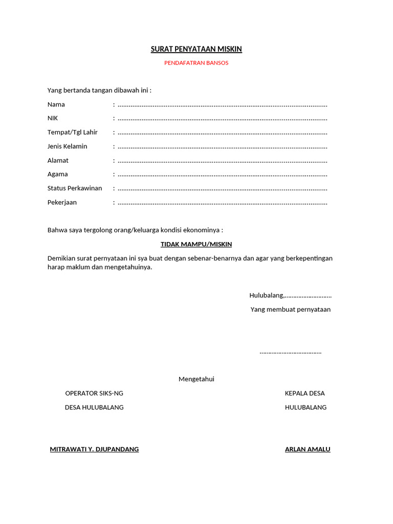 Surat Penyataan Miskin (SPTM) | PDF