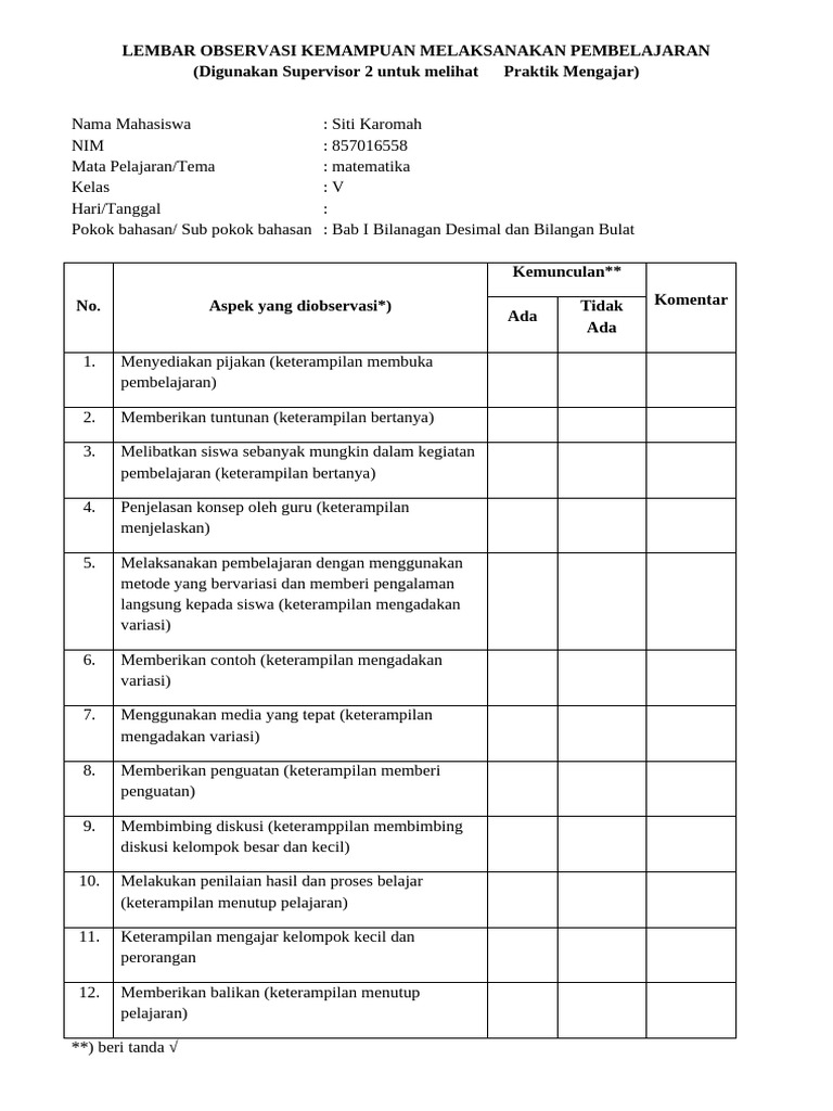 LEMBAR OBSERVASI Refleksi Pembelajaran Dan RPP PKM | PDF