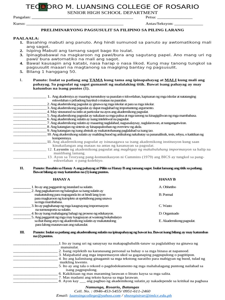 Preliminaryong Pagsusulit Sa FPL 2024 | PDF