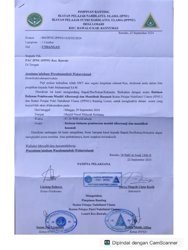 Undangan Untuk Pac Ipnu-Ippnu Kec. Rawal | PDF