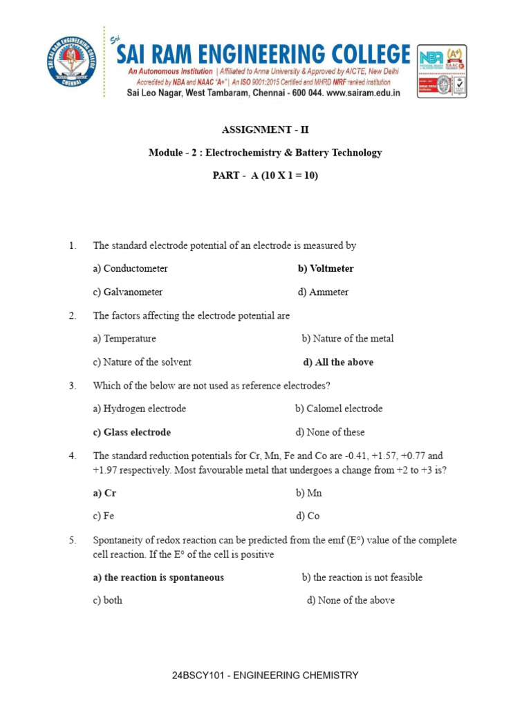 CO2 - Assignment - Electrochemistry & Battery Technology (KEY) | PDF | Electrochemistry | Redox