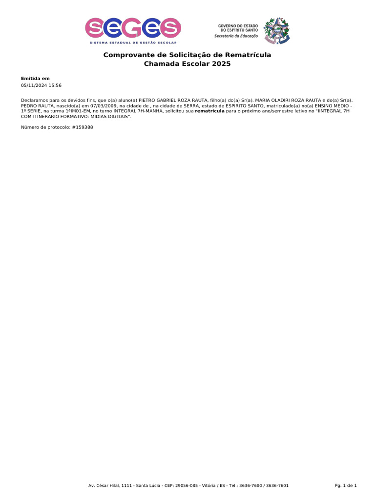 Comprovante Rematricula 159388 | PDF