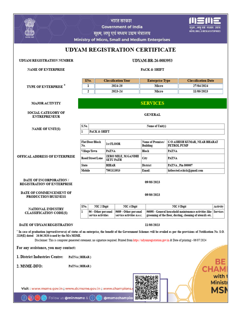 Udyam Registration for Pack & Shift | PDF