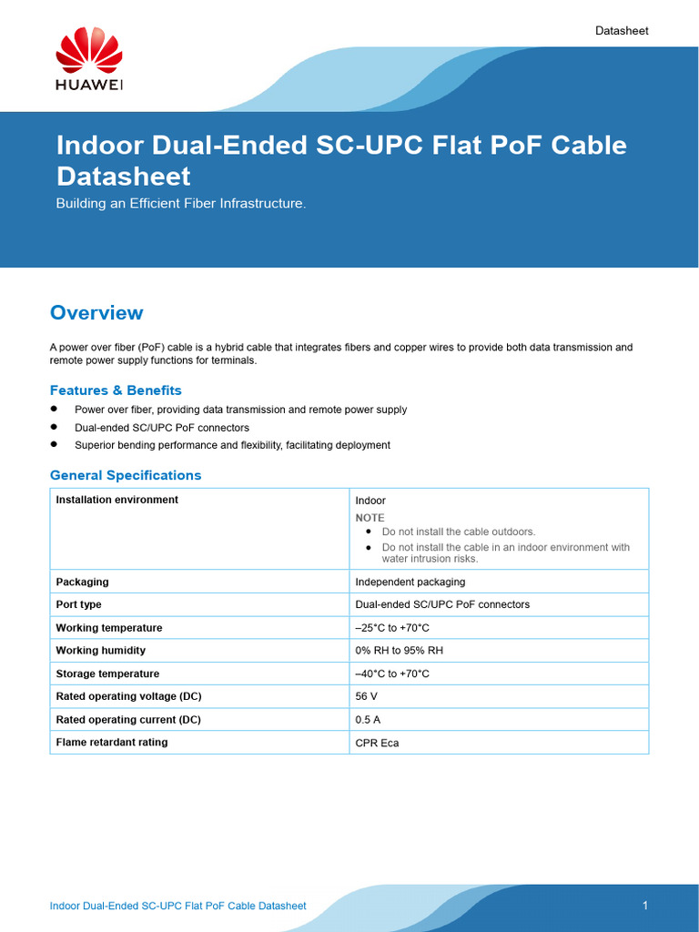 Indoor Dual-Ended SC-UPC Flat PoF Cable Datasheet 01 | PDF | Optical ...
