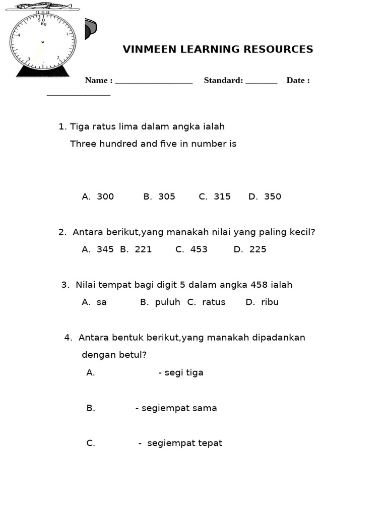 Maths STD 1-3 Akhir Tahun K1 | PDF