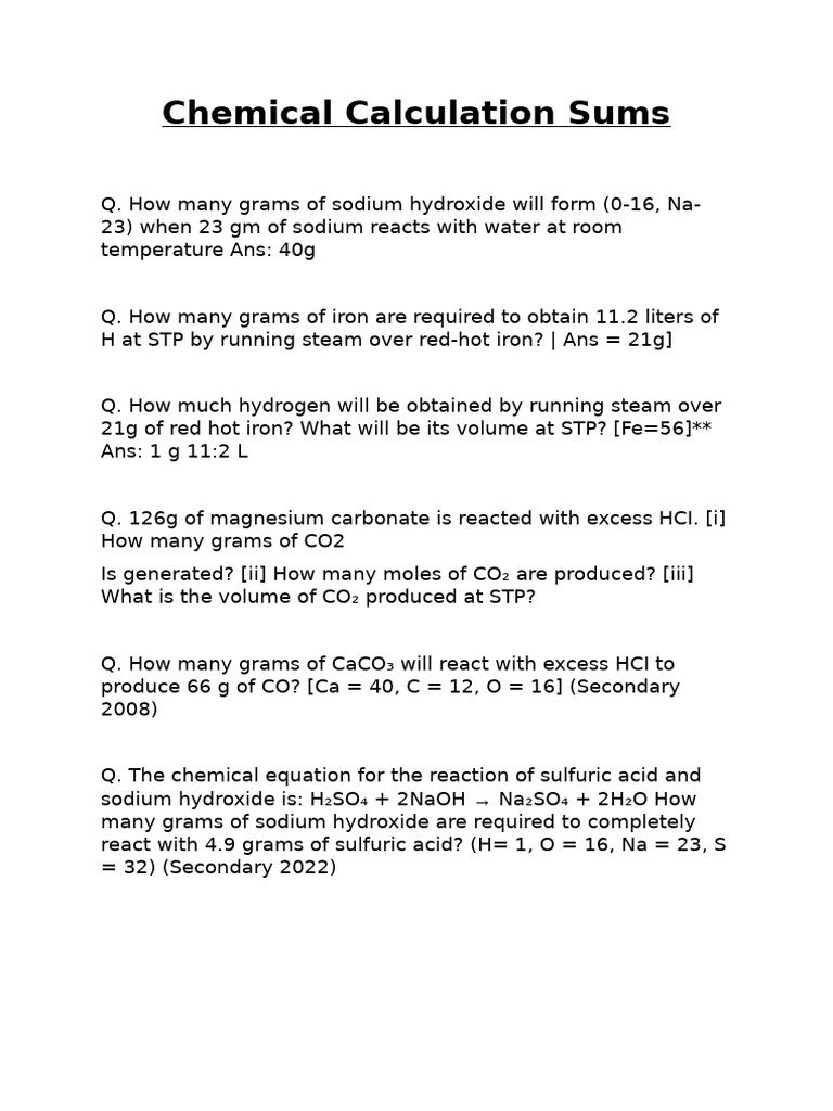 Chemical Calculation Sum1 | PDF | Teaching Methods & Materials ...