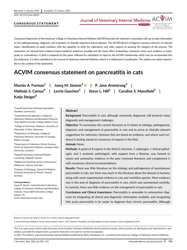 Veterinary Internal Medicne - 2021 - Forman - ACVIM Consensus Statement On Pancreatitis in Cats ...