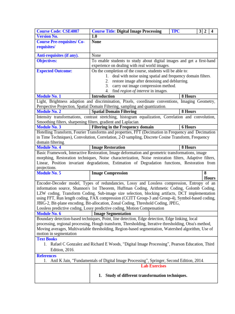 Cse4007 Digital-Image-Processing Eth 1.0 2 Cse4007 | PDF | Data Compression | Digital Technology