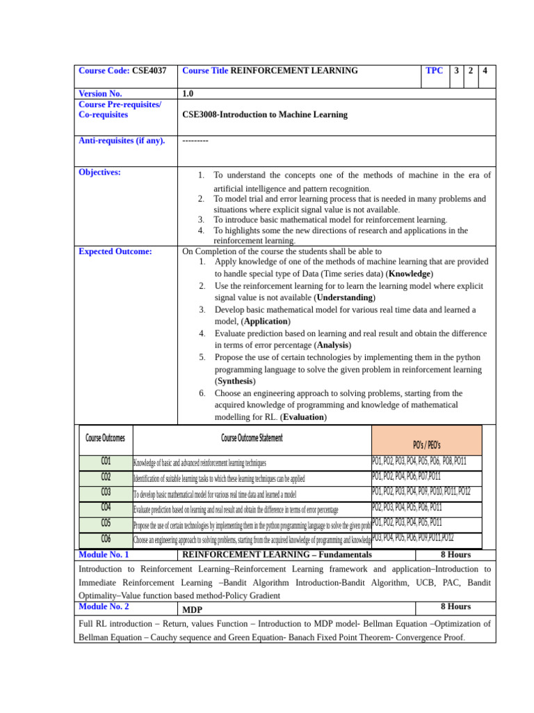 CSE4037 - REINFORCEMENT-LEARNING - ETH - 1.0 - 8 - CSE4037 - Reinforcement Learning - 1.0 | PDF ...