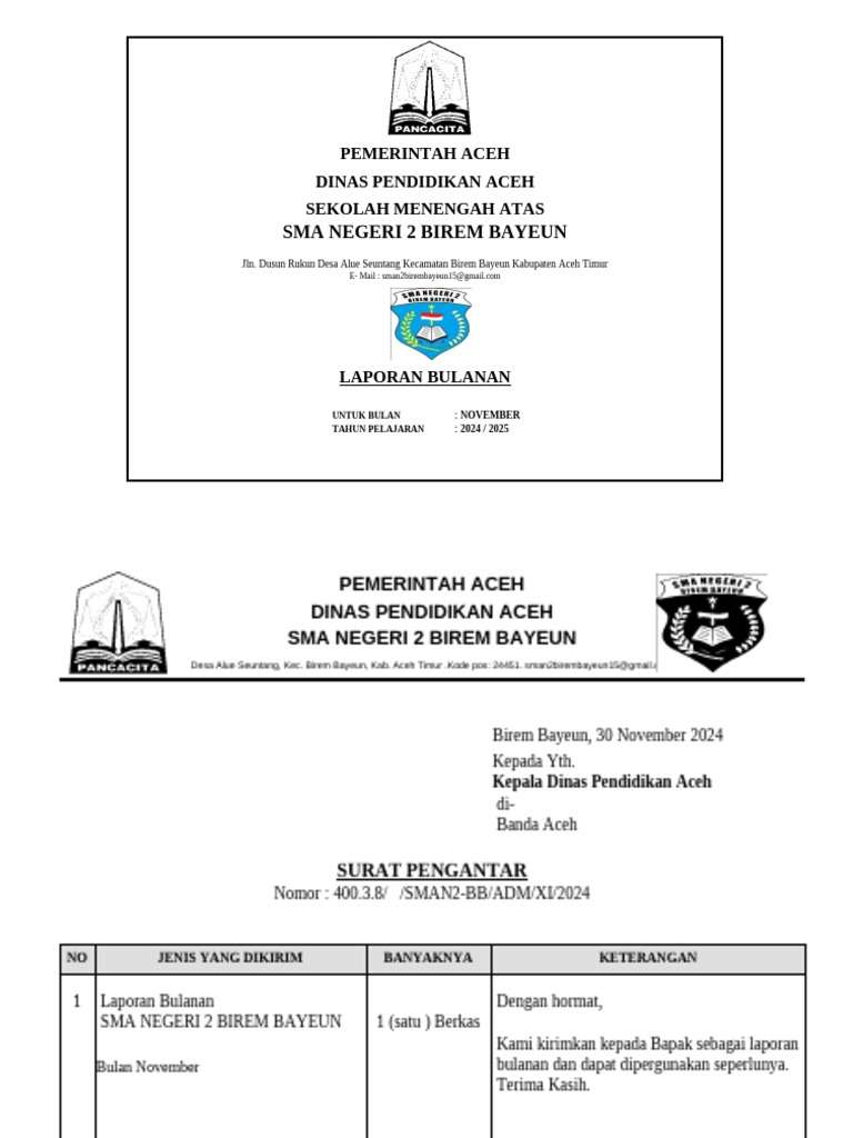 Laporan Bulanan SMA Negeri 2 Birem Bayeun | PDF