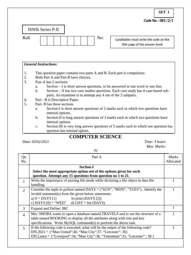 Roll No: ISWK Series P-II: Computer Science | PDF | Sql | Computer ...