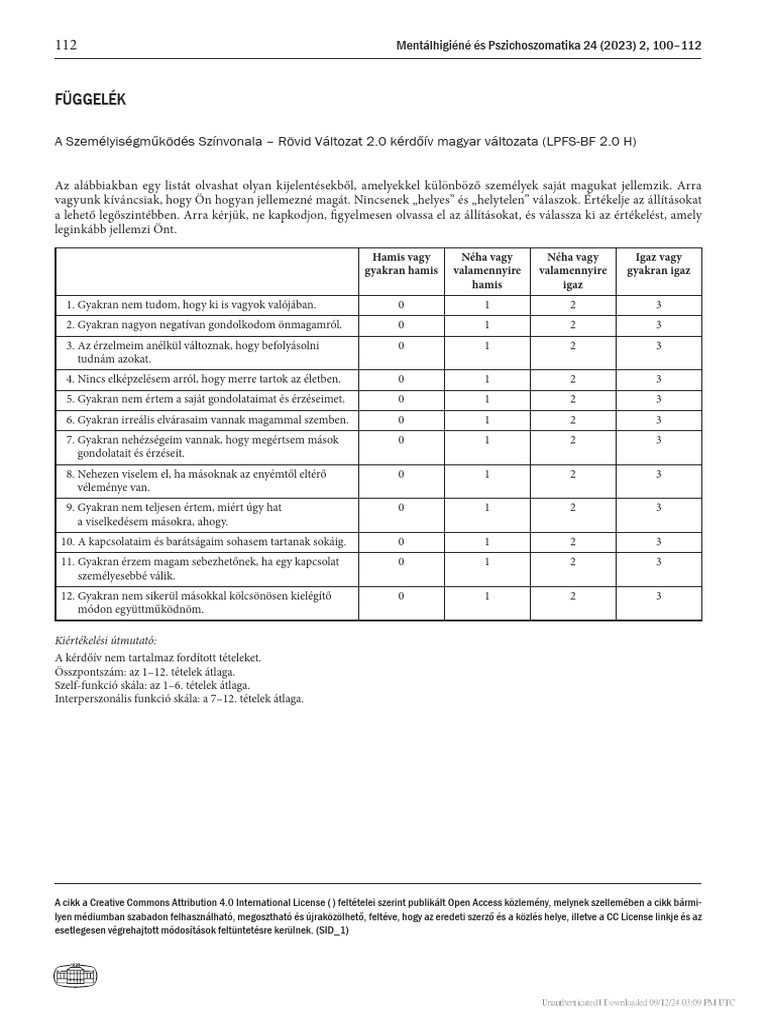 A Személyiségműködés Színvonala - Rövid Változat 2.0 Kérdőív Magyar Változata (LPFS-BF 2.0 H) | PDF