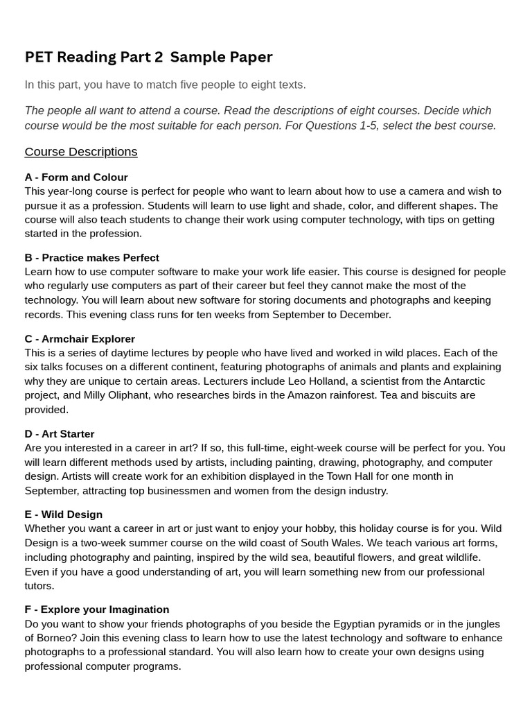 PET Reading Part 2 Sample Paper | PDF | Career & Growth | Language Arts & Discipline