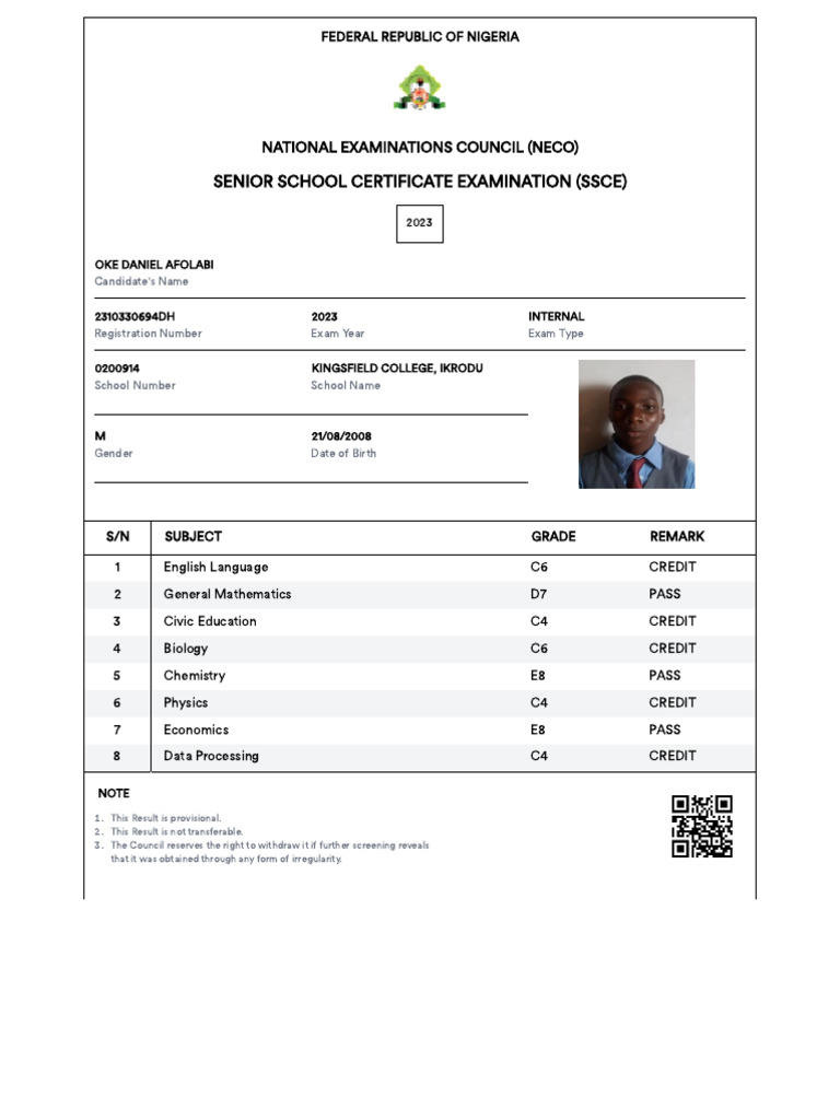 NECO Results Portal | PDF