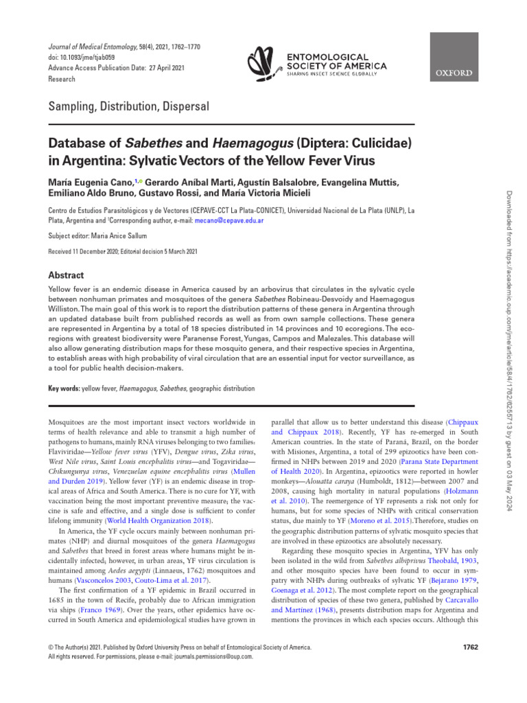 Database of Sabethes and Haemagogus (Diptera Culicidae) in Argentina ...