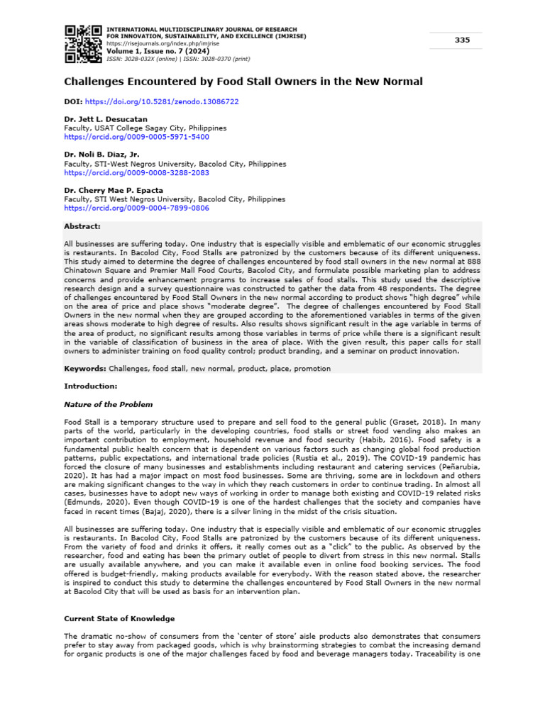 Imjrise V17 335 346 33 Challenges Encountered by Food Stall Owners in The New Normal | PDF ...