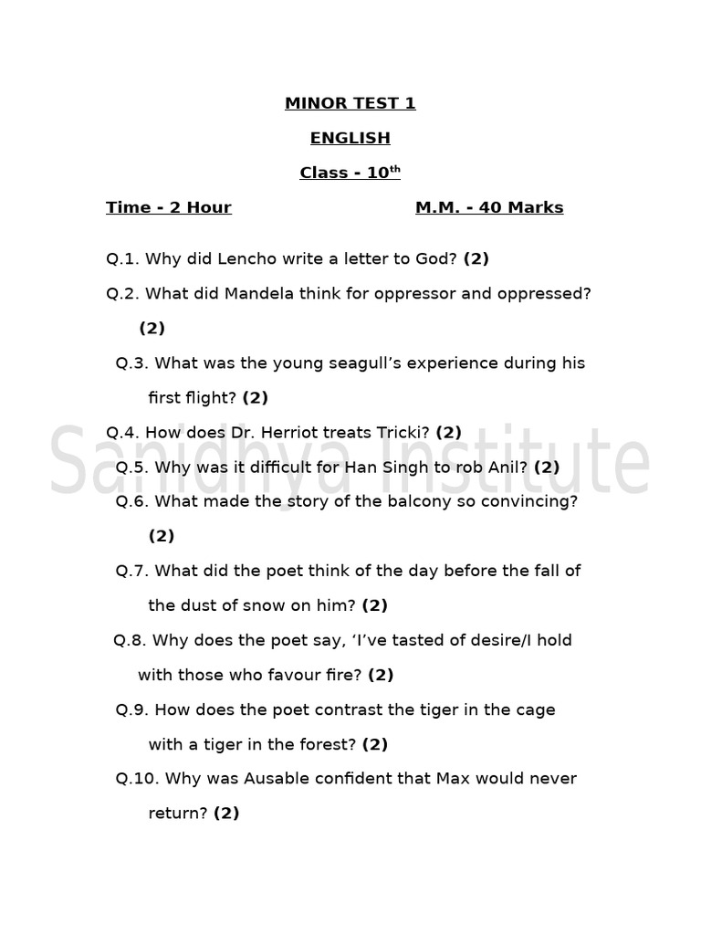 Class 10 English Minor Test 1 Questions | PDF