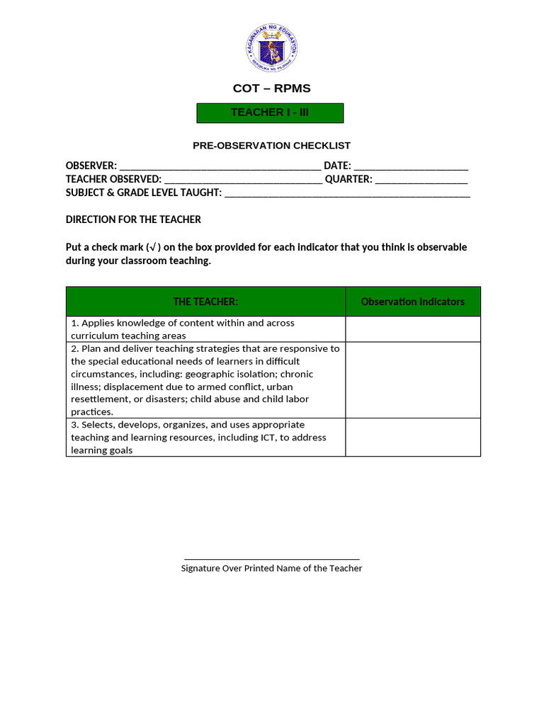 Pre Observation Checklist New Normal | PDF