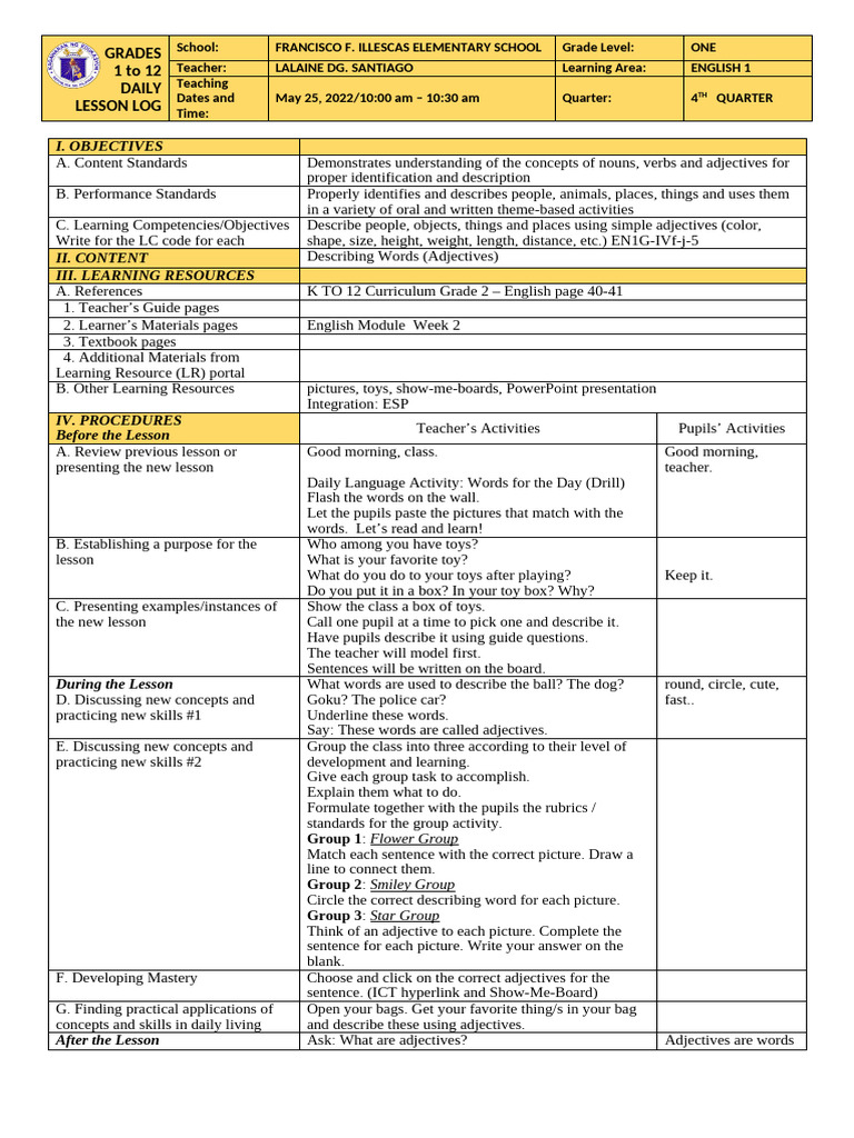 DLP in ENGLISH CO2 2021 2022 | PDF | Teachers | Learning