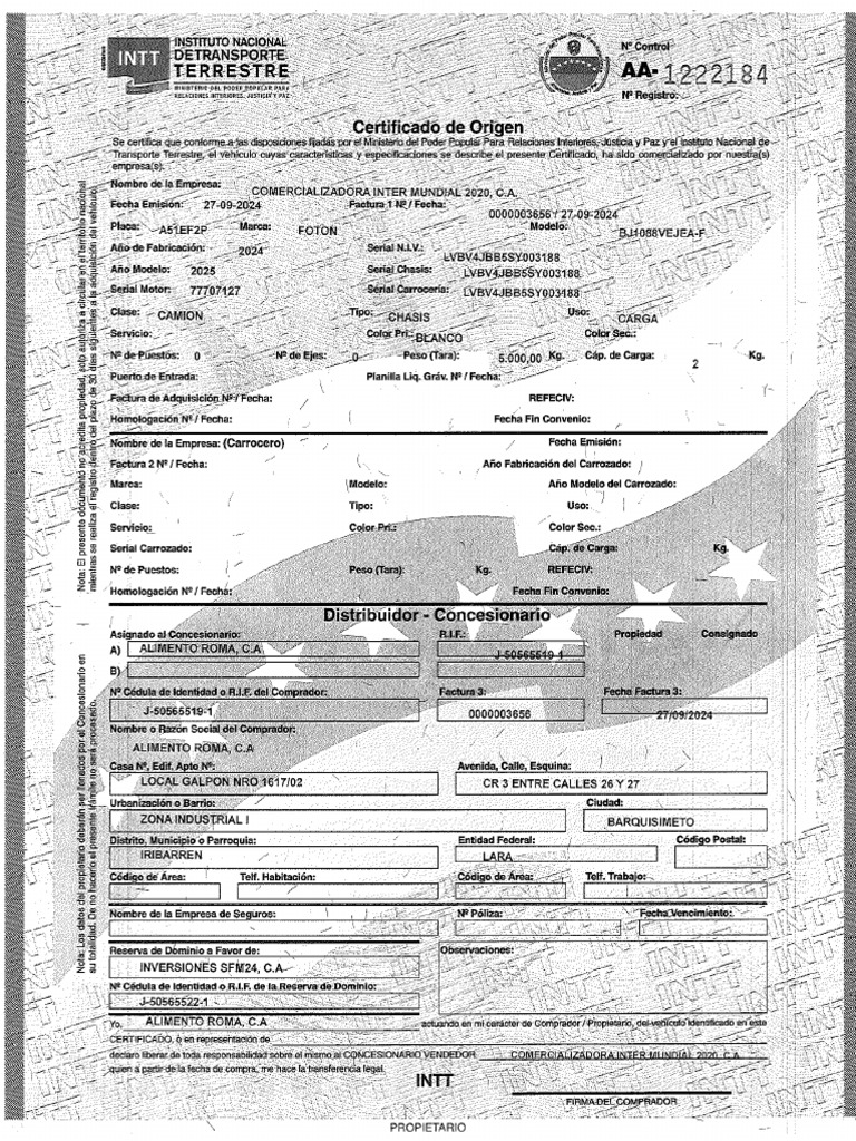 Alimento Roma C.A. Certicado de Origen Foton-Aumark A51ef2p | PDF