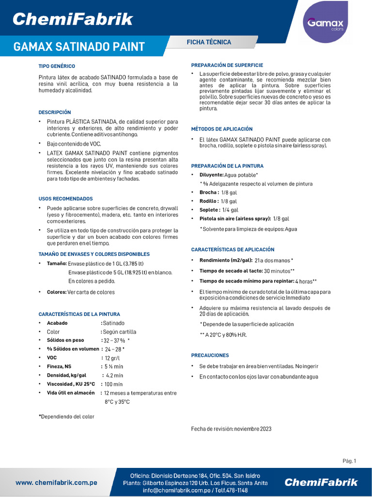 Ficha Técnica de Pintura Gamax Satinado | PDF