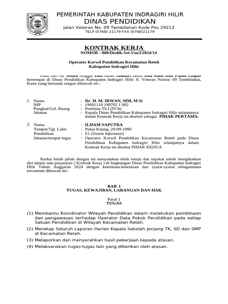 Kontrak Kerja Ilham Saputra Reteh | PDF