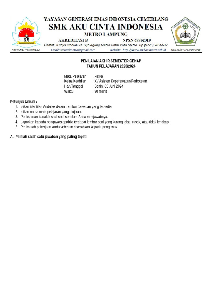 PAS Fisika Genap 2024 | PDF