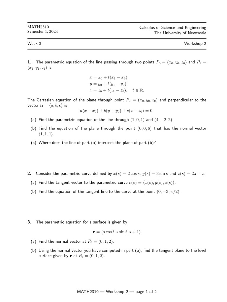 Workshop 2 S1 2024 - Week 3 | PDF | Tangent | Equations