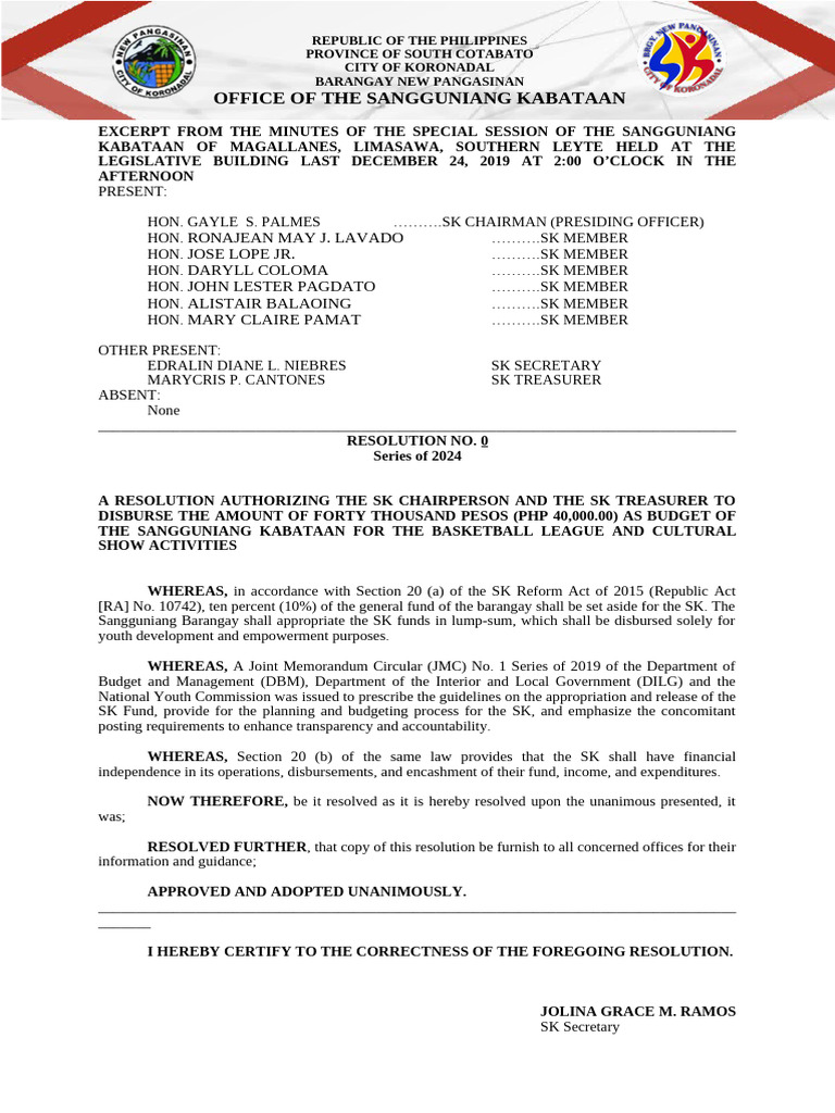 Resolution SK Authorizing Disbursement | PDF | Public Administration ...