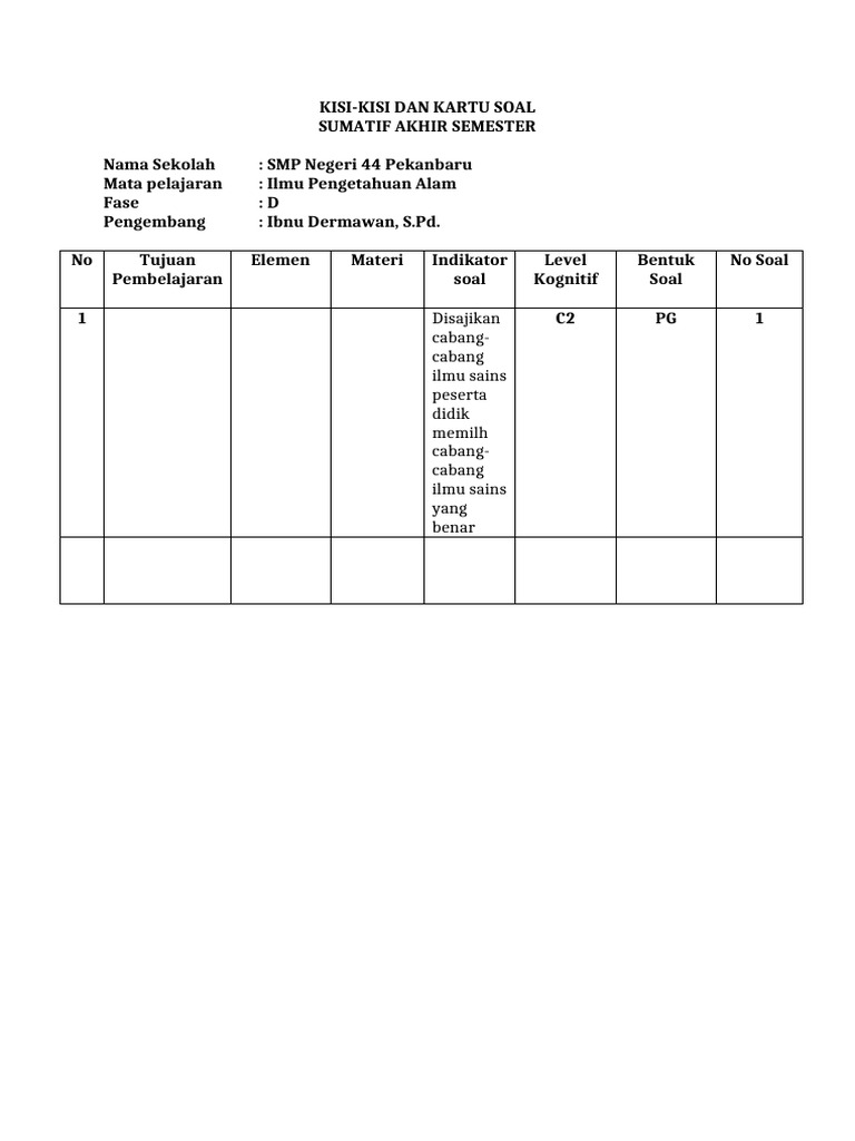 Contoh Format Kisi-Kisi Kumer | PDF