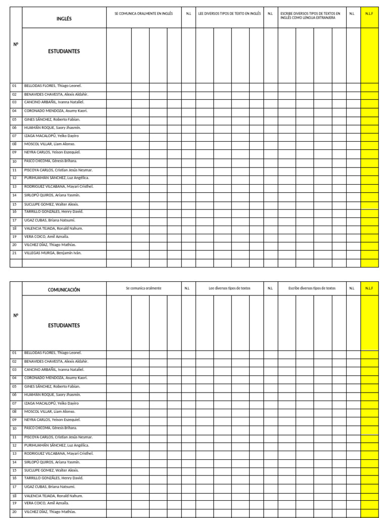 Registro de Notas - 1° Bimestre | PDF