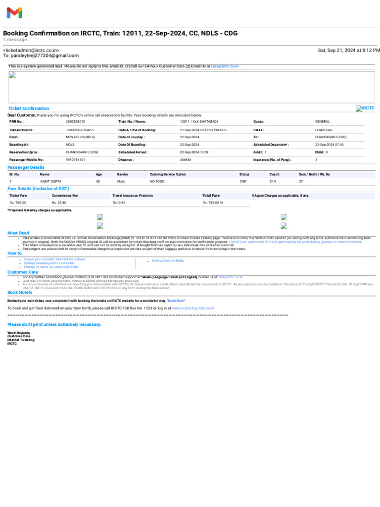 Gmail - Booking Confirmation On IRCTC, Train - 12011, 22-Sep-2024, CC, NDLS - CDG | PDF ...