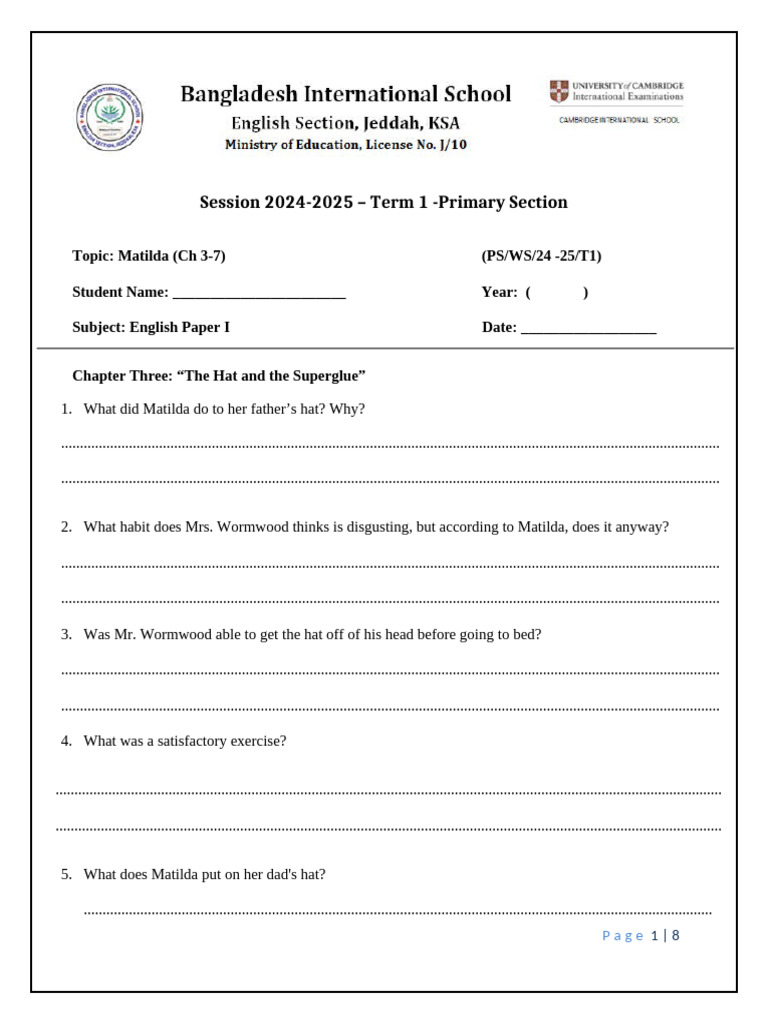 Matilda Worksheet Chapters 3-7 | PDF