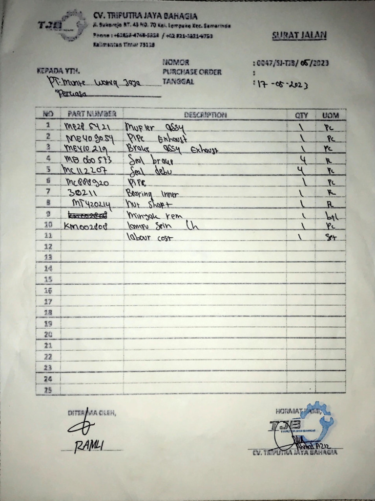 Surat Jalan & Service Progress Dump Truck KT 8379 Nh. | PDF