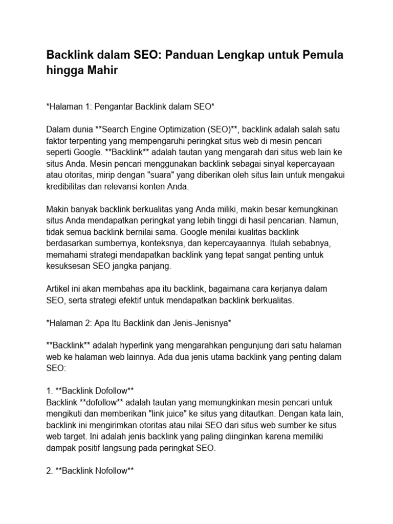 Backlink Dalam SEO Panduan Lengkap Untuk Pemula Hingga Mahir | PDF