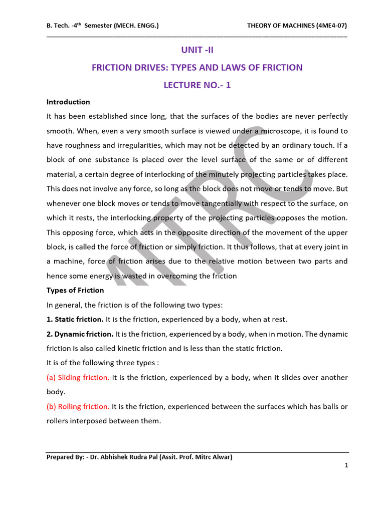 TOM, Unit-II, L-1 | PDF | Friction | Force