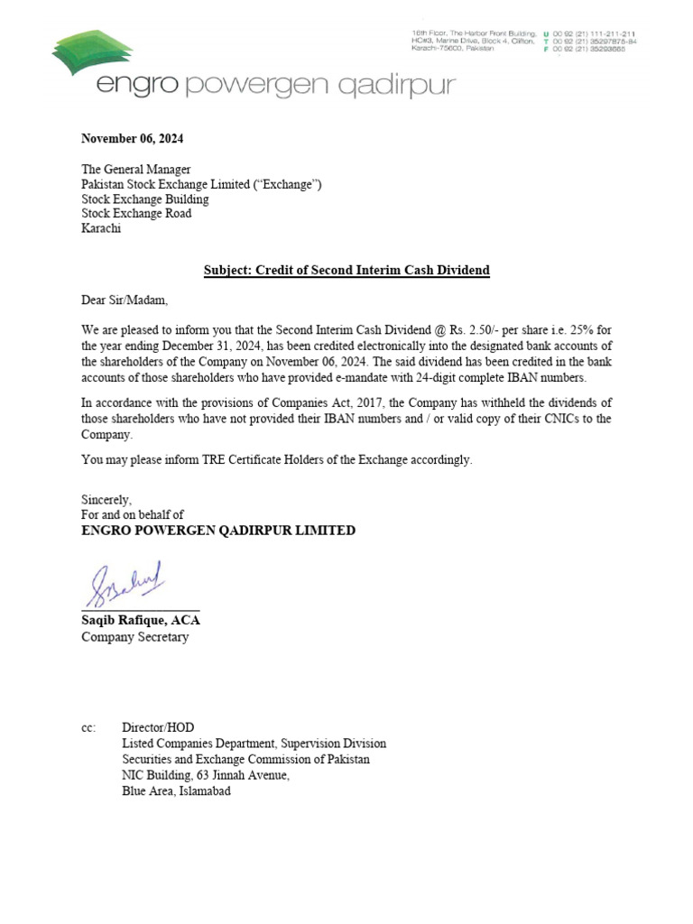 EPQL-Credit of Second Interim Cash Dividend | PDF | Business | Finance ...